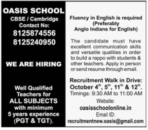 Oasis School, CBSE/ Cambridge, Hyderabad wanted Teachers | FacultyPlus