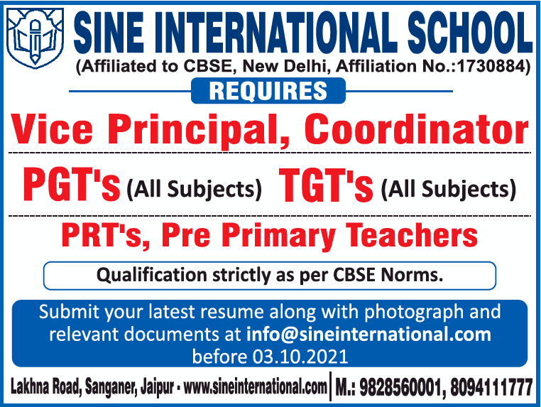 Faculty wanted- SINE International School, Jaipur, Rajasthan | FacultyPlus