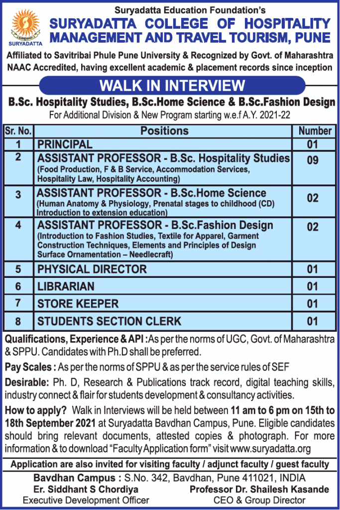 Suryadatta College of Hospitality Management and Travel Tourism, Pune ...