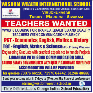Wisdom Wealth International School, Virudhunagar, Trichy, Madurai, Sivakasi Wanted Teaching and ...