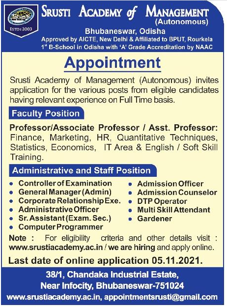 Srusti Academy of Management, Bhubaneswar, Odisha wanted Professor ...