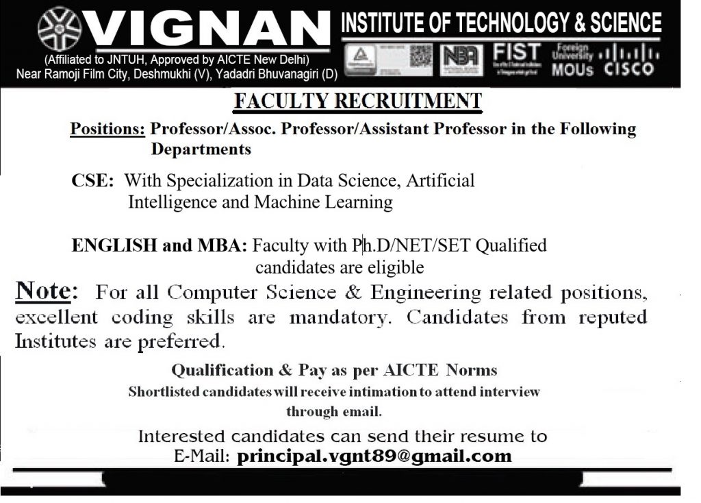 Faculty Recruitment 2021 at Vignan Institute of Technology and Science, Hyderabad | FacultyPlus