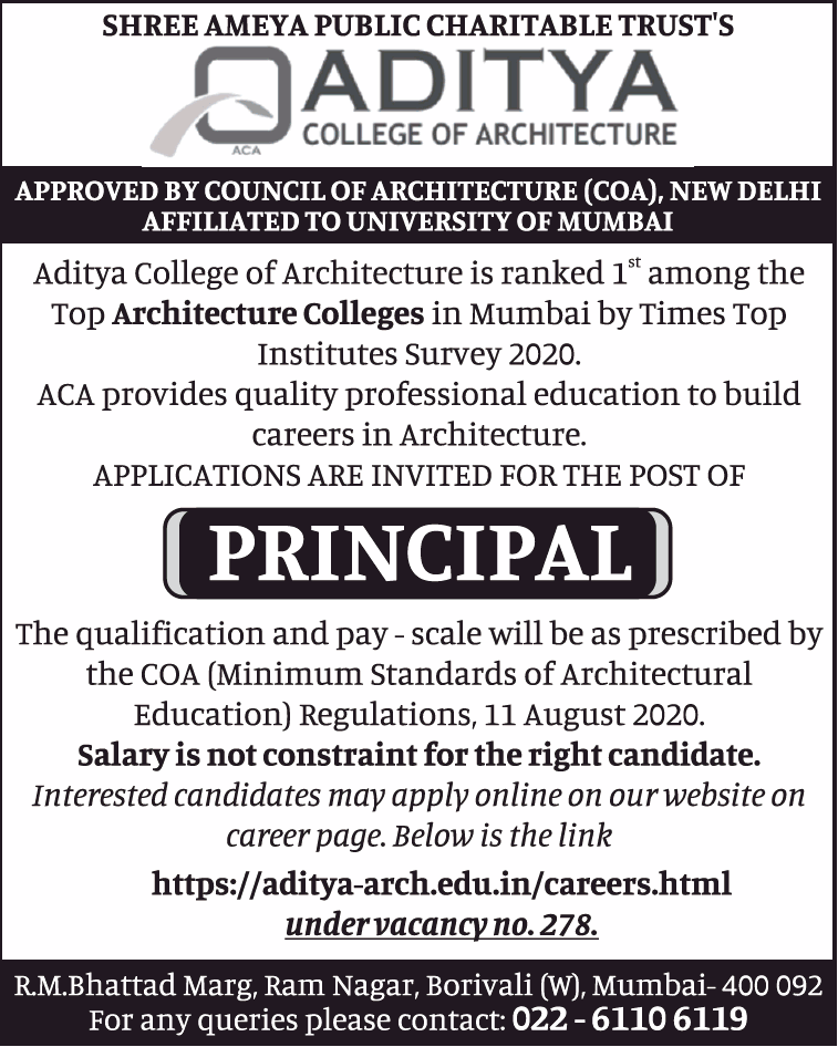 Aditya College of Architecture, Mumbai, Wanted Principal | FacultyPlus