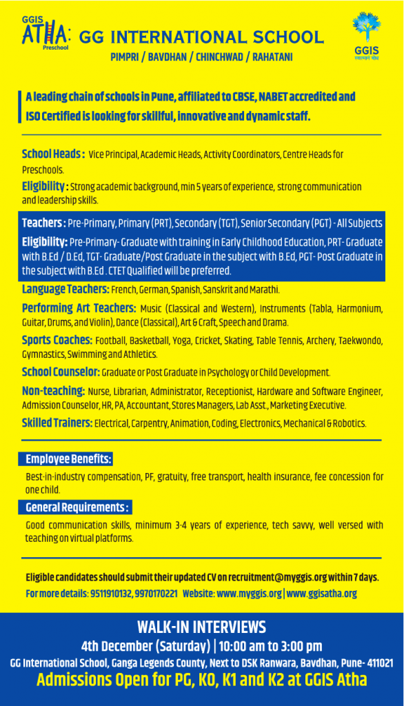 GG International School, Pune Wanted Teaching and Non-Teaching Faculty ...
