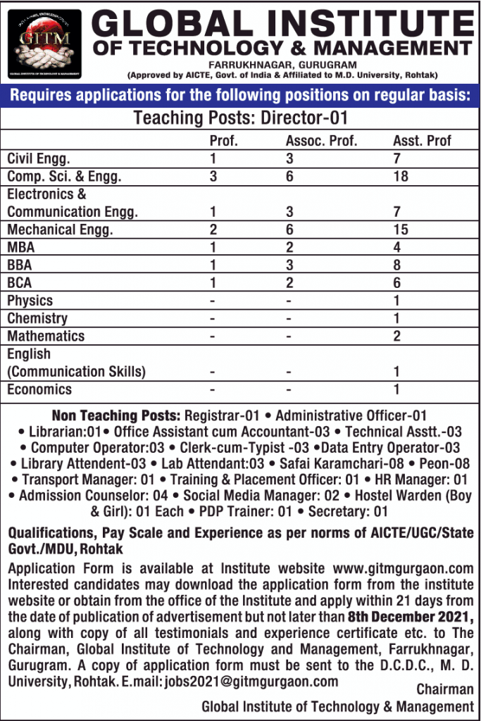 Global Institute of Technology & Management, Gurugram wanted Director ...