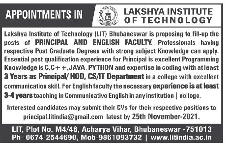 Lakshya Institute of Technology (LIT), Bhubaneswar, Odisha wanted ...