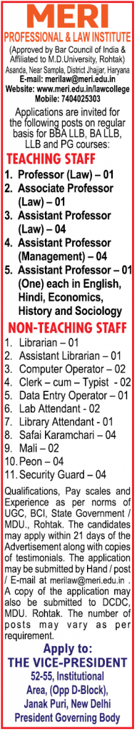 MERI Professional & Law Institute, Jhajjar Wanted Teaching and Non ...
