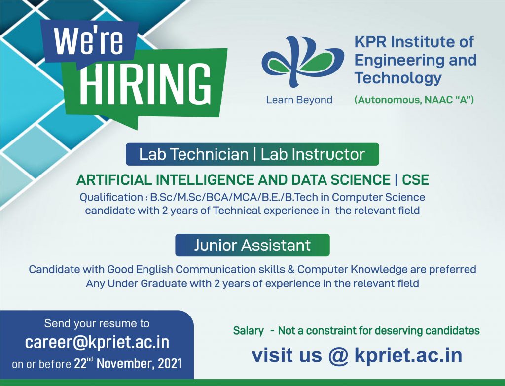 KPR Institute of Engineering and Technology, Coimbatore Wanted Non-Teaching Staff | FacultyPlus