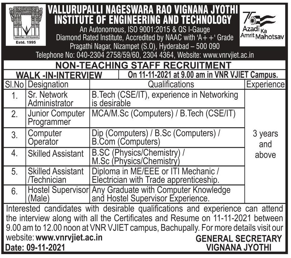 Non-Teaching Staff Recruitment- VNR Vignana Jyothi Institute of Engineering & Technology ...