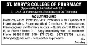 St.Mary’s College of Pharmacy, Secunderabad Wanted Professor/Associate ...