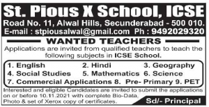 St. Pious X School, Old Alwal, Secunderabad, Telangana wanted Teachers ...