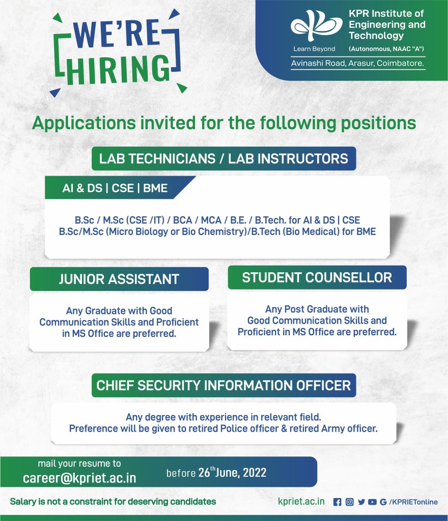 KPR Institute of Engineering and Technology, Coimbatore Wanted Non ...