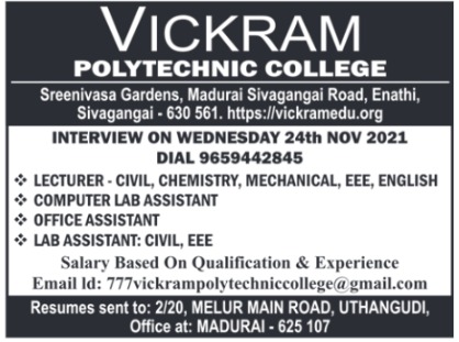 Vickram Polytechnic College, Sivagangai, Wanted Lecturers and Non ...
