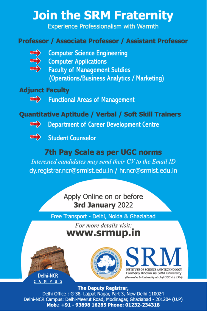 SRM Institute of Science and Technology, Ghaziabad Wanted Teaching Faculty | FacultyPlus