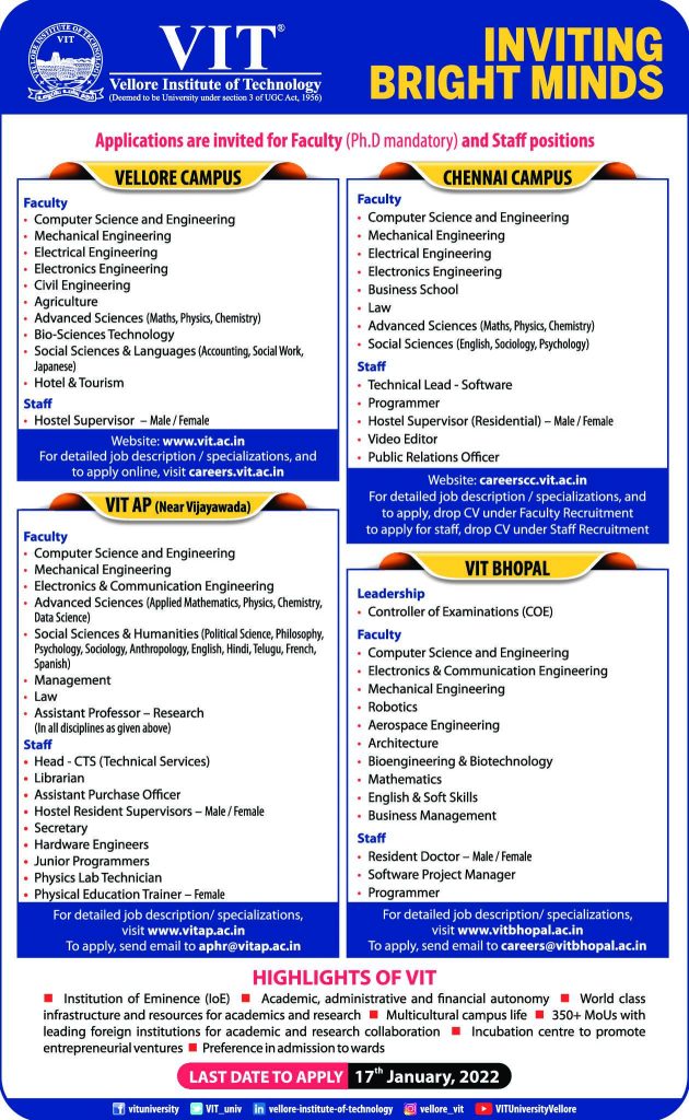 Vellore Institute of Technology, Vellore, Chennai, Bhopal, Vijayawada Wanted Teaching Faculty ...