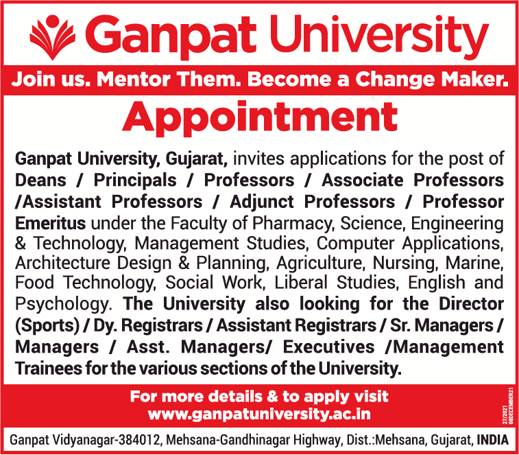 Ganpat University Mehsana Wanted Teaching Faculty Facultyplus