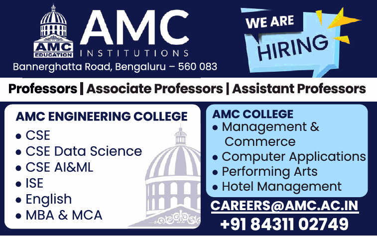 AMC Institution, Bangalore, Karnataka wanted Assistant Professor/Associate Professor/Professor ...