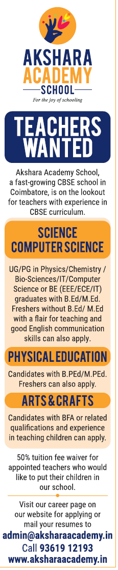 Akshara Academy School, Coimbatore Wanted Teachers | FacultyPlus