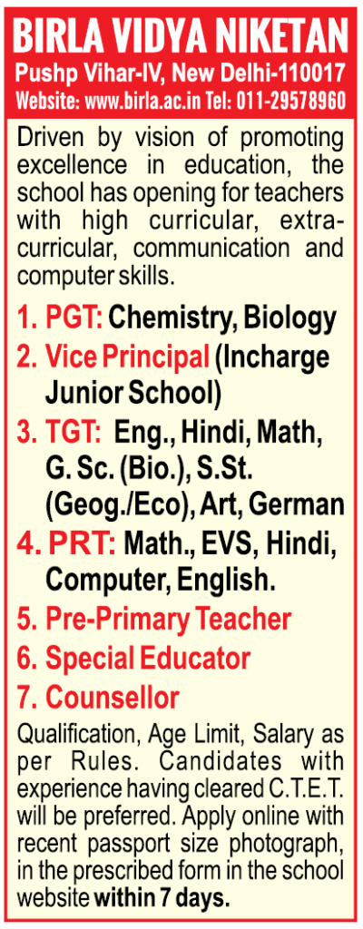 Birla Vidya Niketan, New Delhi Wanted Teaching and Non-Teaching Faculty | FacultyPlus