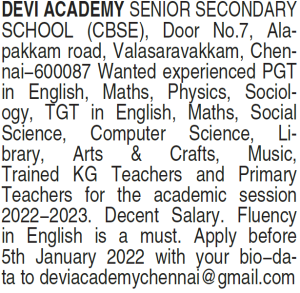 Devi Academy Senior Secondary School CBSE, Chennai wanted PGT/ TGT ...