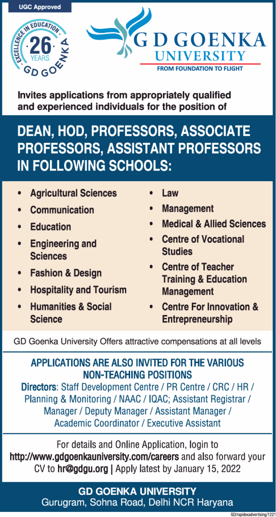 GD Goenka University, Gurugram Wanted Dean/HOD/Professor/ Associate & Assistant Professor ...