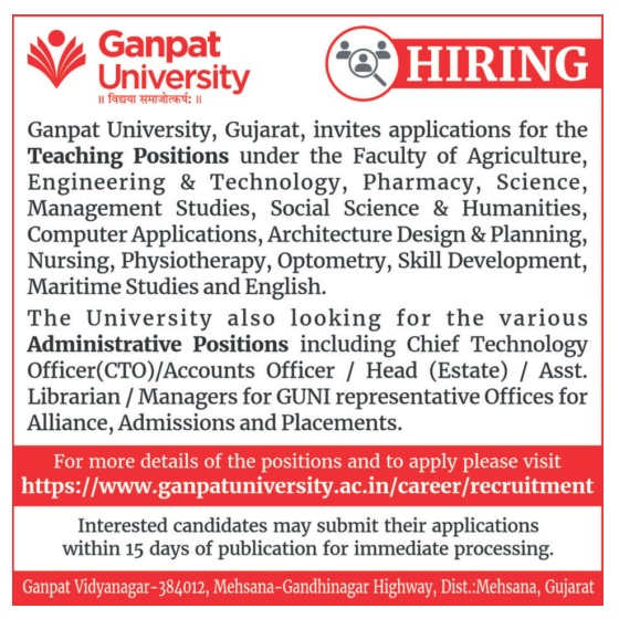 Ganpat University Mehsana Wanted Teaching Faculty And Administrative Staffs Facultyplus