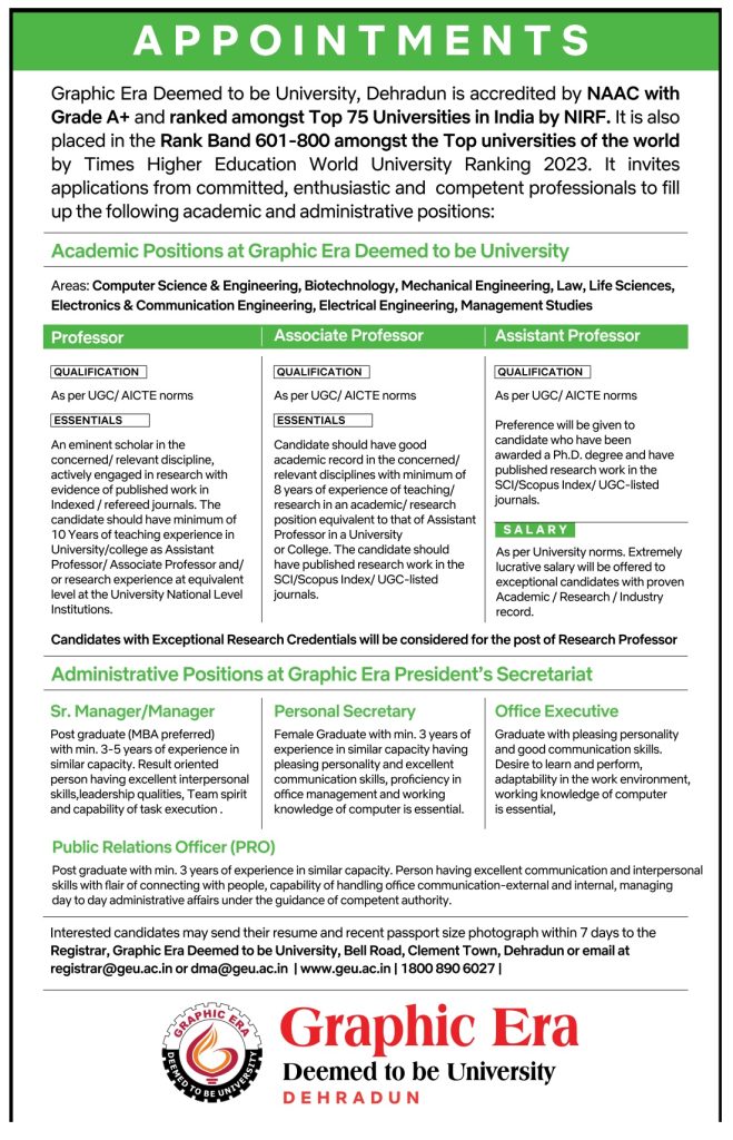 Graphic Era (Deemed to be University) , Dehradun Faculty Recruitment 2022 | FacultyPlus
