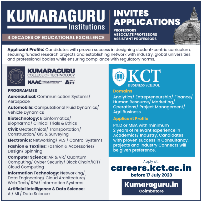 Teaching Faculty Recruitment 2023- Kumaraguru Institutions, Coimbatore | FacultyPlus
