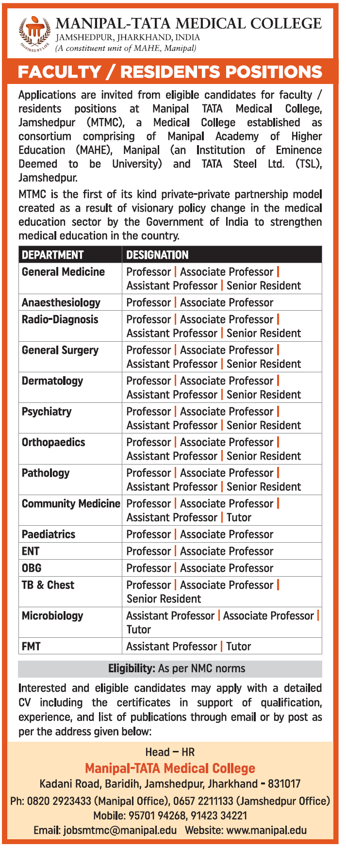 Manipal-Tata Medical College, Jamshedpur Wanted Professor/ Associate Professor/ Assistant ...