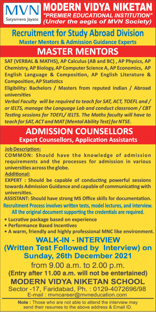 Modern Vidya Niketan, Faridabad Wanted Master Mentors and Admission Counsellors | FacultyPlus