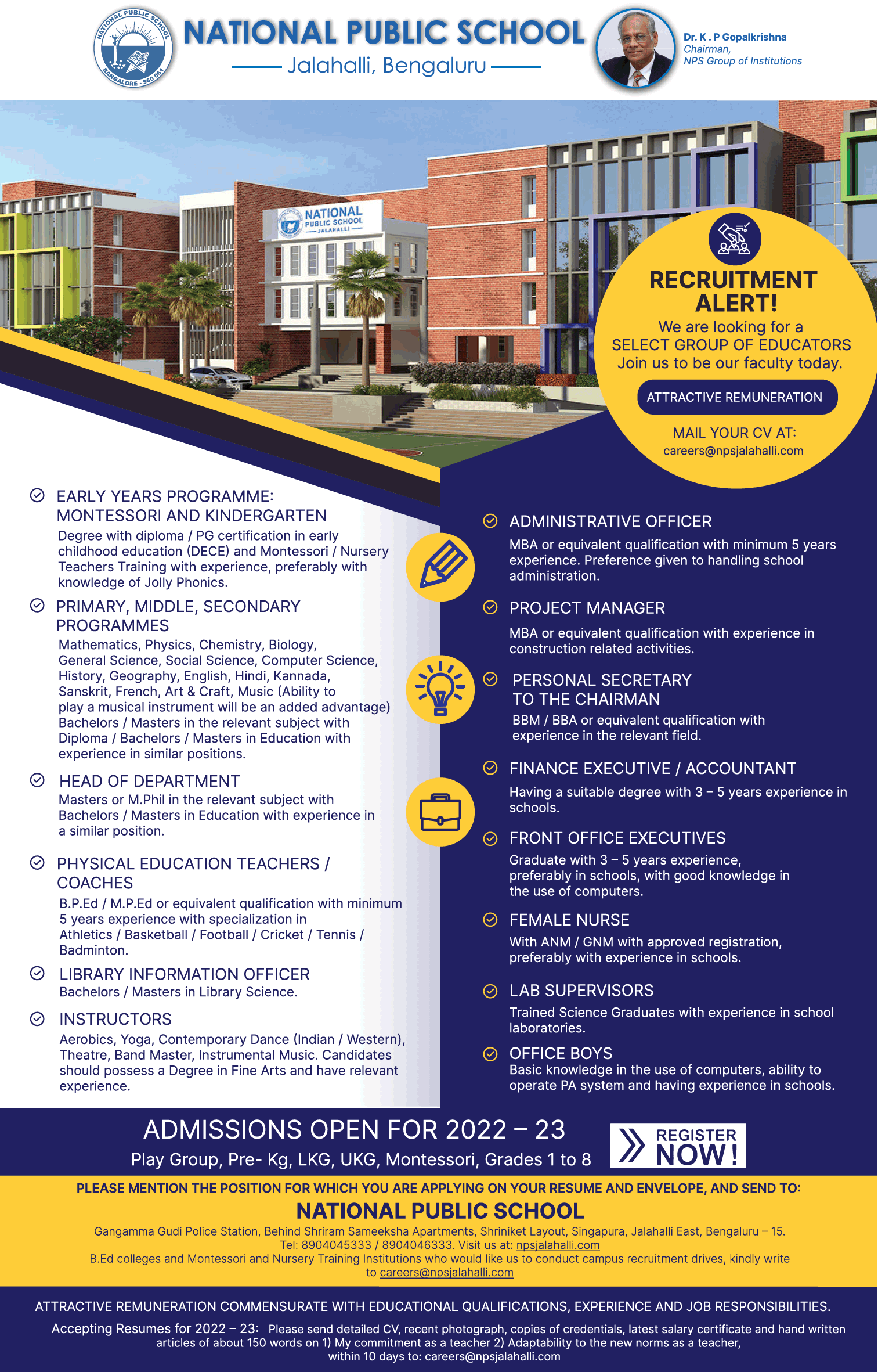 National Public School Bengaluru Wanted Teaching And Non Teaching 