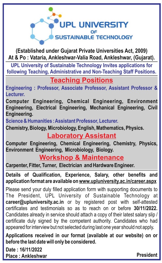 UPL University of Sustainable Technology, Gujarat, Wanted Teaching and ...