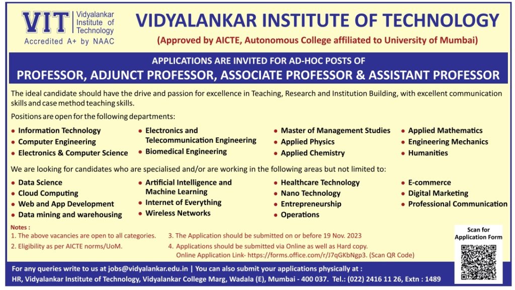 Vidyalankar Institute of Technology, Mumbai Wanted Professor/ Adjunct Professor/ Associate ...