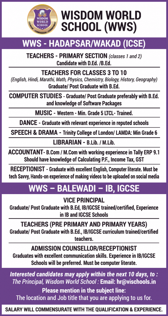 Wisdom World School, Pune Wanted Teaching and Non-Teaching Faculty | FacultyPlus