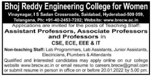 Bhoj Reddy Engineering College for Women, Telangana wanted Professor ...