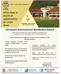 Chinmaya International Residential School, Coimbatore, Wanted TGT,PGT, Dorm Parents & Dorm ...