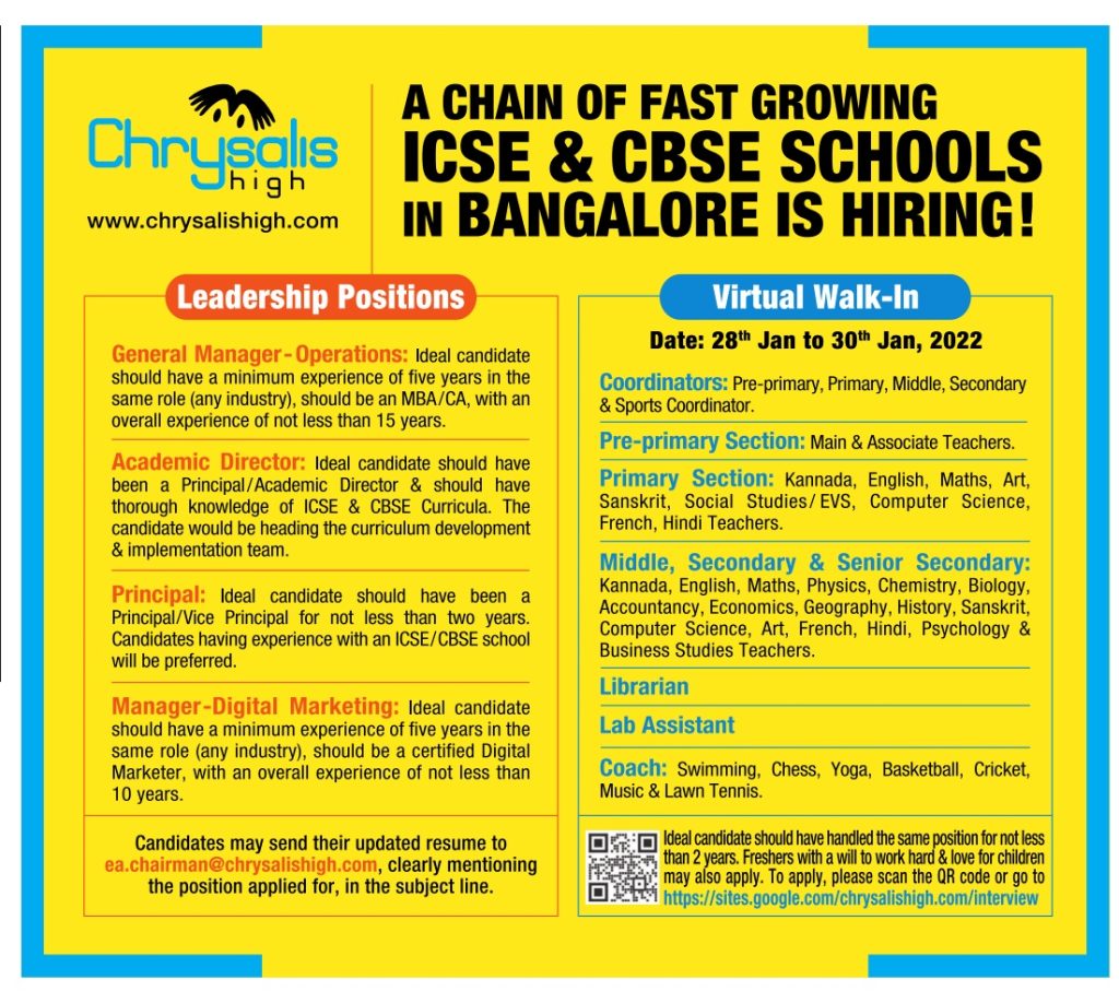 Chrysalishigh School, Bengaluru, Wanted Co-ordinators, Pre Primary, Middle, Secondary, Senior ...
