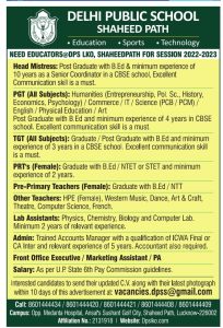 Delhi Public School, Shaheed Path, Wanted Head Mistress, PGT, TGT, PRT, Pre Primary Teacher, Lab ...