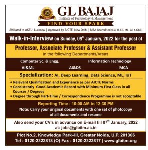G. L. Bajaj Institute of Technology and Management, Uttar Pradesh wanted Professor/ Associate ...