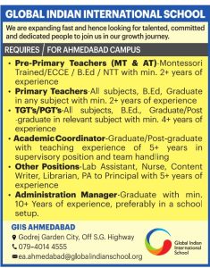 Global Indian International School, Ahmedabad, Gujarat, Wanted PRT/TGT/PGT/Academic Co ordinator ...
