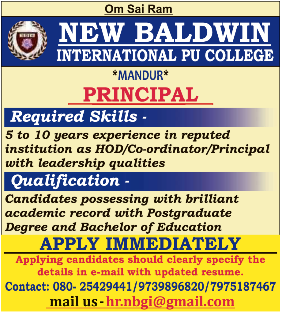New Baldwin International PU College, Mandur, Wanted Principal | FacultyPlus