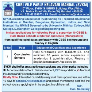 Shri Vile Parle Kelavani Mandal (SVKM), Mumbai Wanted School ...