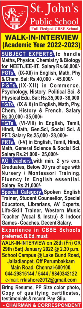 St.John’s Public School, Jalladianpet, Chennai Wanted PGT/ TGT/ PRT and Others | FacultyPlus