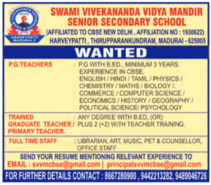 Swami Vivekananda Vidya Mandir Senior Secondary School, Madurai wanted PGT/ TGT | FacultyPlus