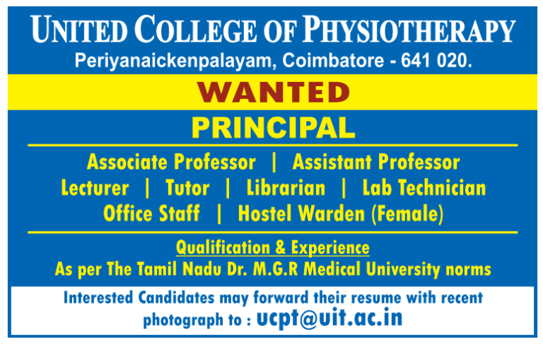 United College of Physiotherapy, Coimbatore wanted Principal/ Associate Professor/ Assistant ...