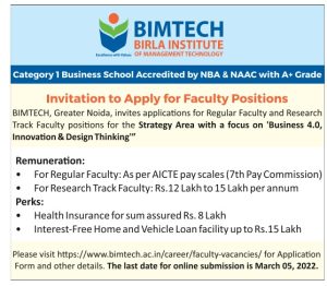 BIMTECH Birla Institute of Management Technology, Greater Noida Wanted Regular Faculty and ...