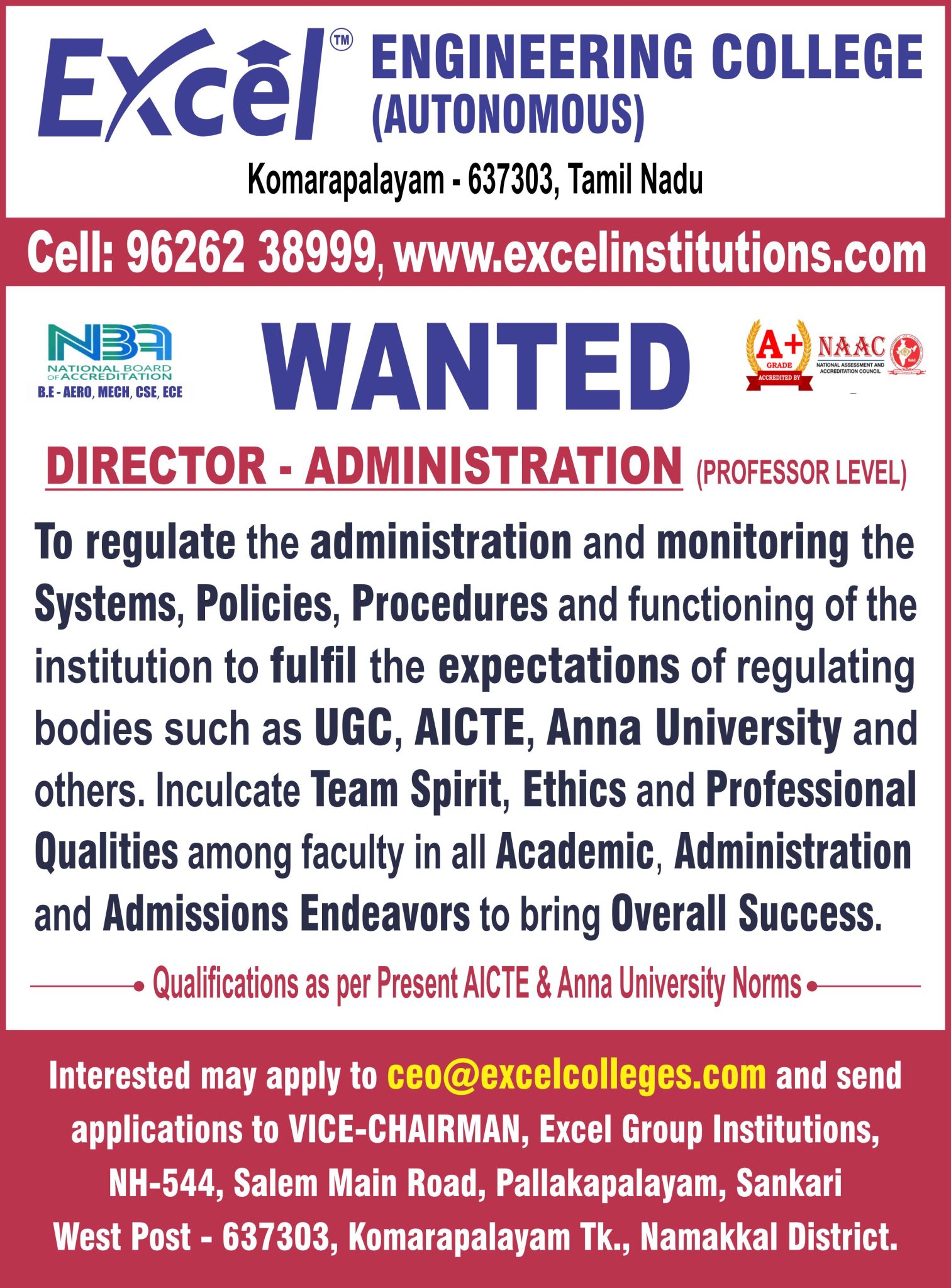 Excel Engineering College, Komarapalayam Wanted Director – Administration | FacultyPlus