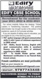 Edify CBSE School, Cuddalore Wanted PGT/TGT/ NTT | FacultyPlus