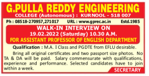 G.Pulla Reddy Engineering, Kurnool, Andhra Pradesh Wanted Assistant Professor | FacultyPlus