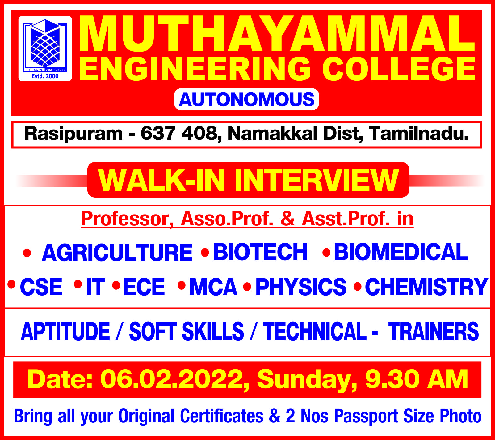 Muthayammal Engineering College – Walk-in Interview – Advt | FacultyPlus